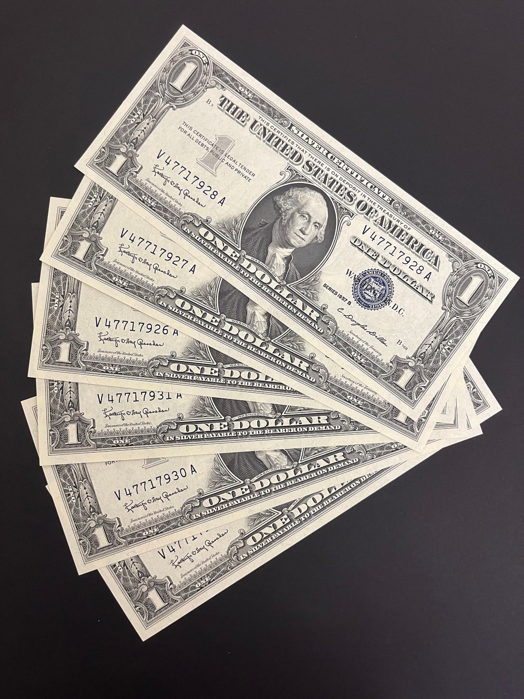 1957 B Lot of Five Consecutive 1 Dollar Silver Certificate United ...