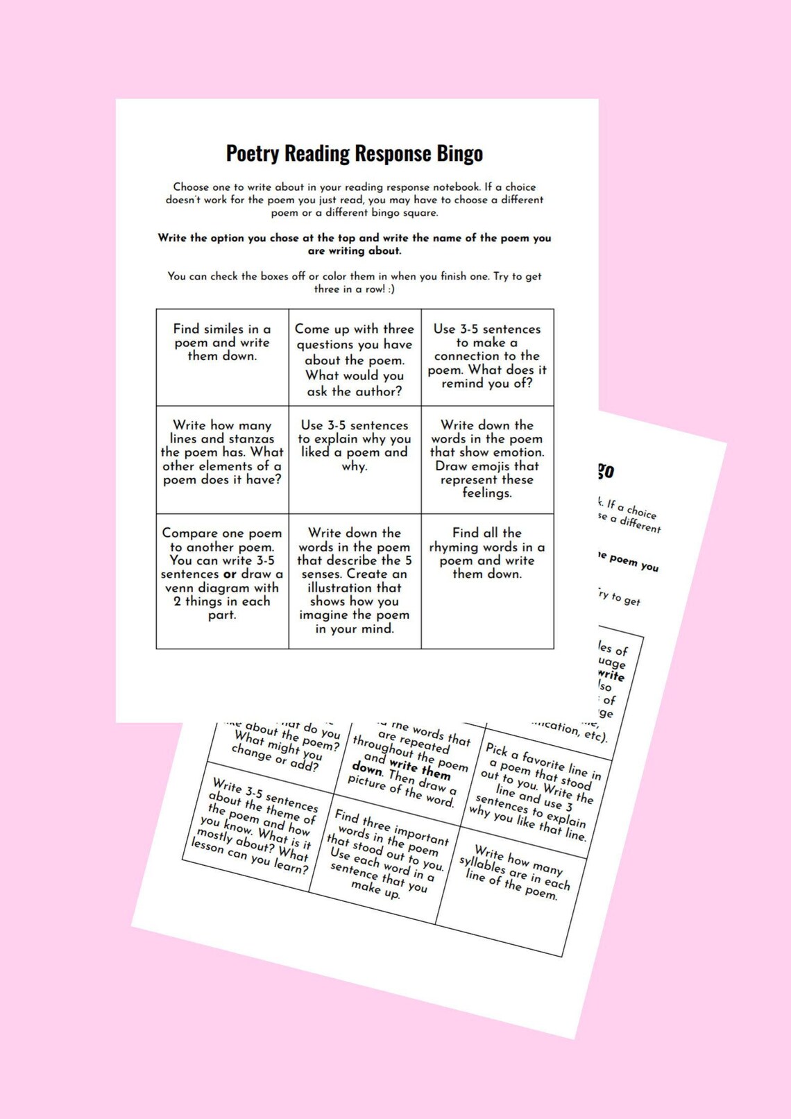 Printable - Poetry Reading Response - Bingo Style Choice Board - 3rd ...