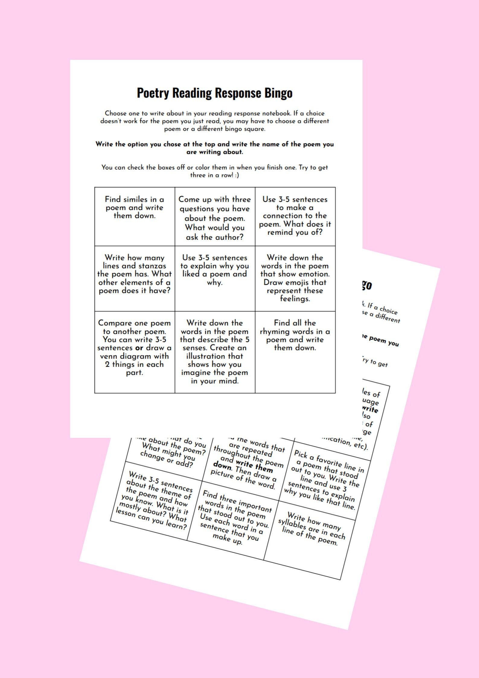 Printable - Poetry Reading Response - Bingo Style Choice Board - 3rd ...