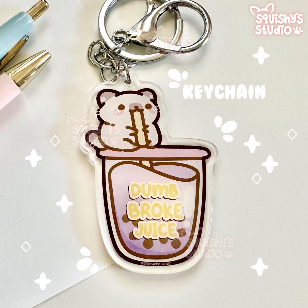 Dumb Broke Juice Cute Cat Sipping Juice Box/boba Keychain | Double ...