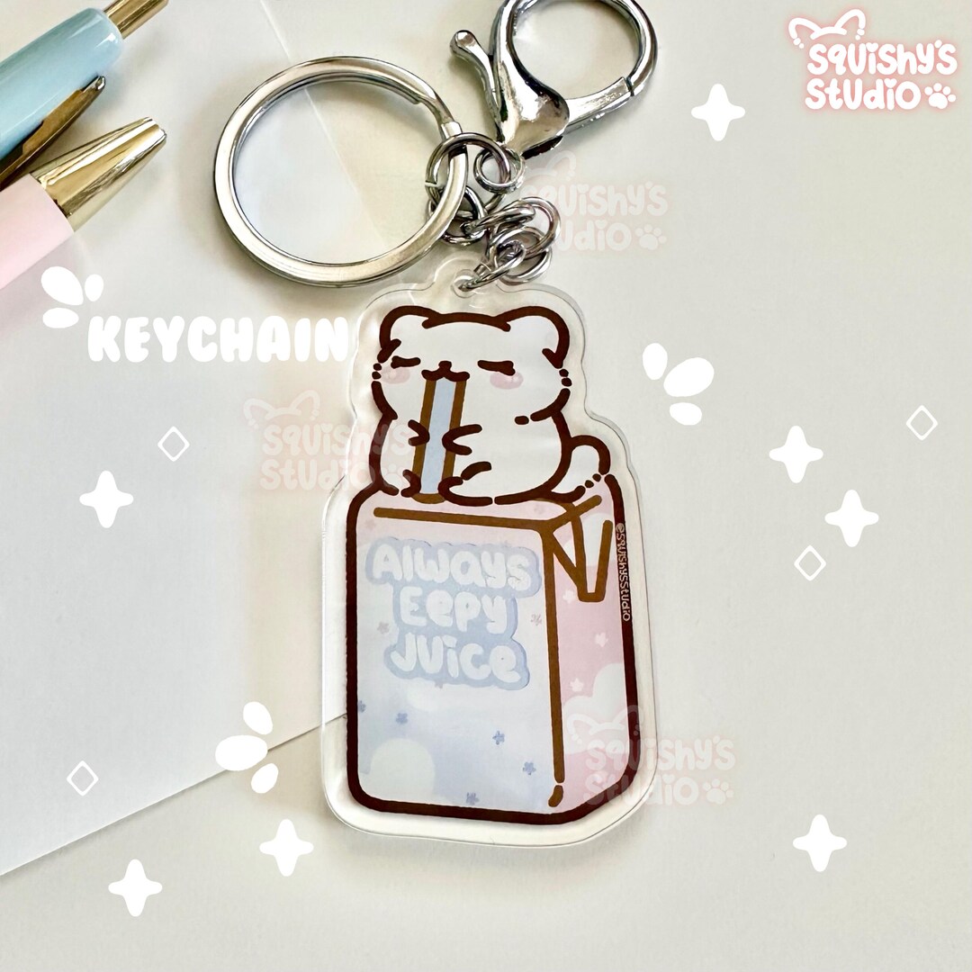 Always Eepy Juice White Cat Sipping Juice Box Keychain | Double Sided ...
