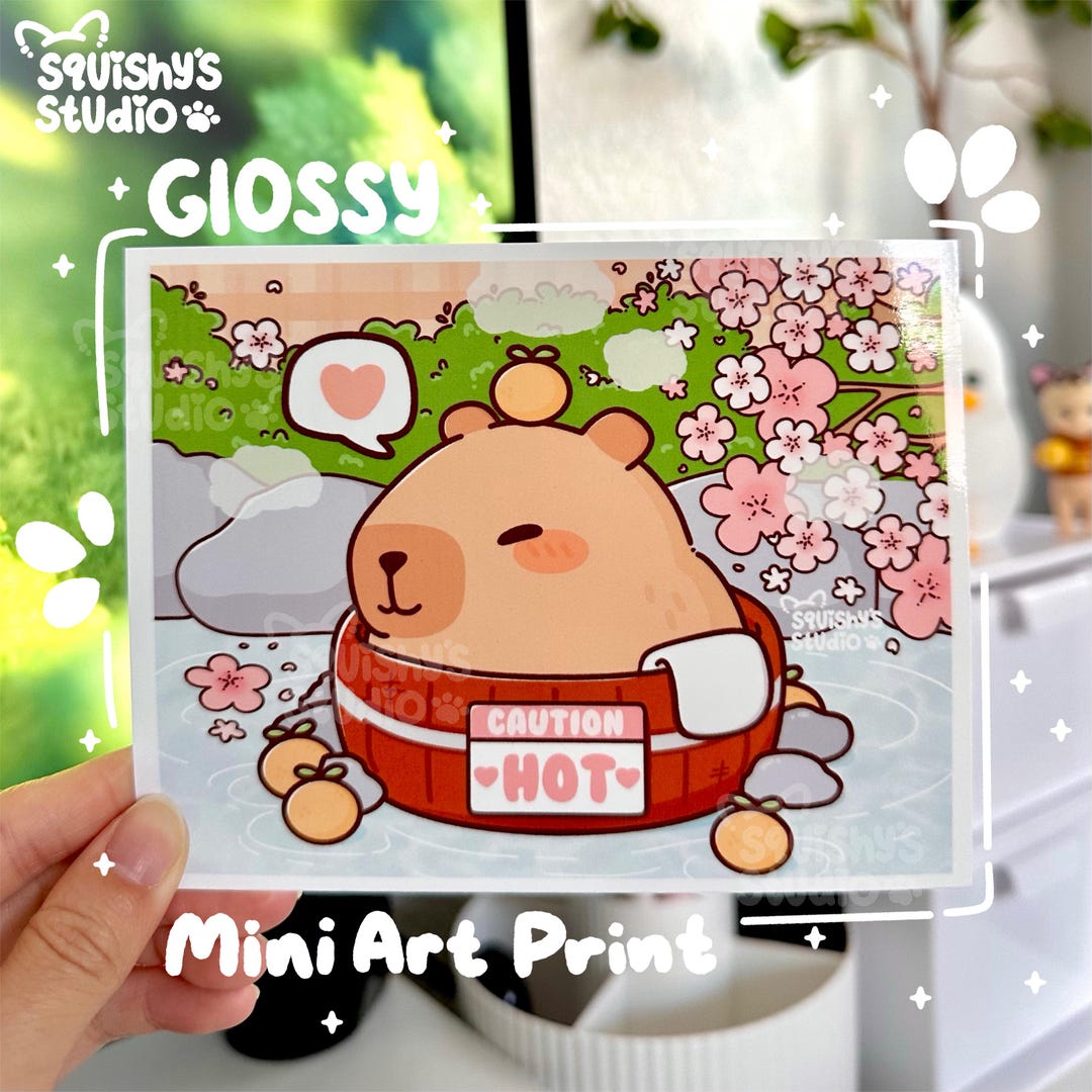 Capybara Bathing Hot Springs Caution Hot GLOSSY Art Print | Cute ...