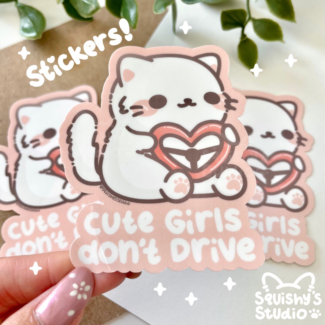 Cute Girls Don't Drive Stickers | Cat Driving Girl Car Stickers ...