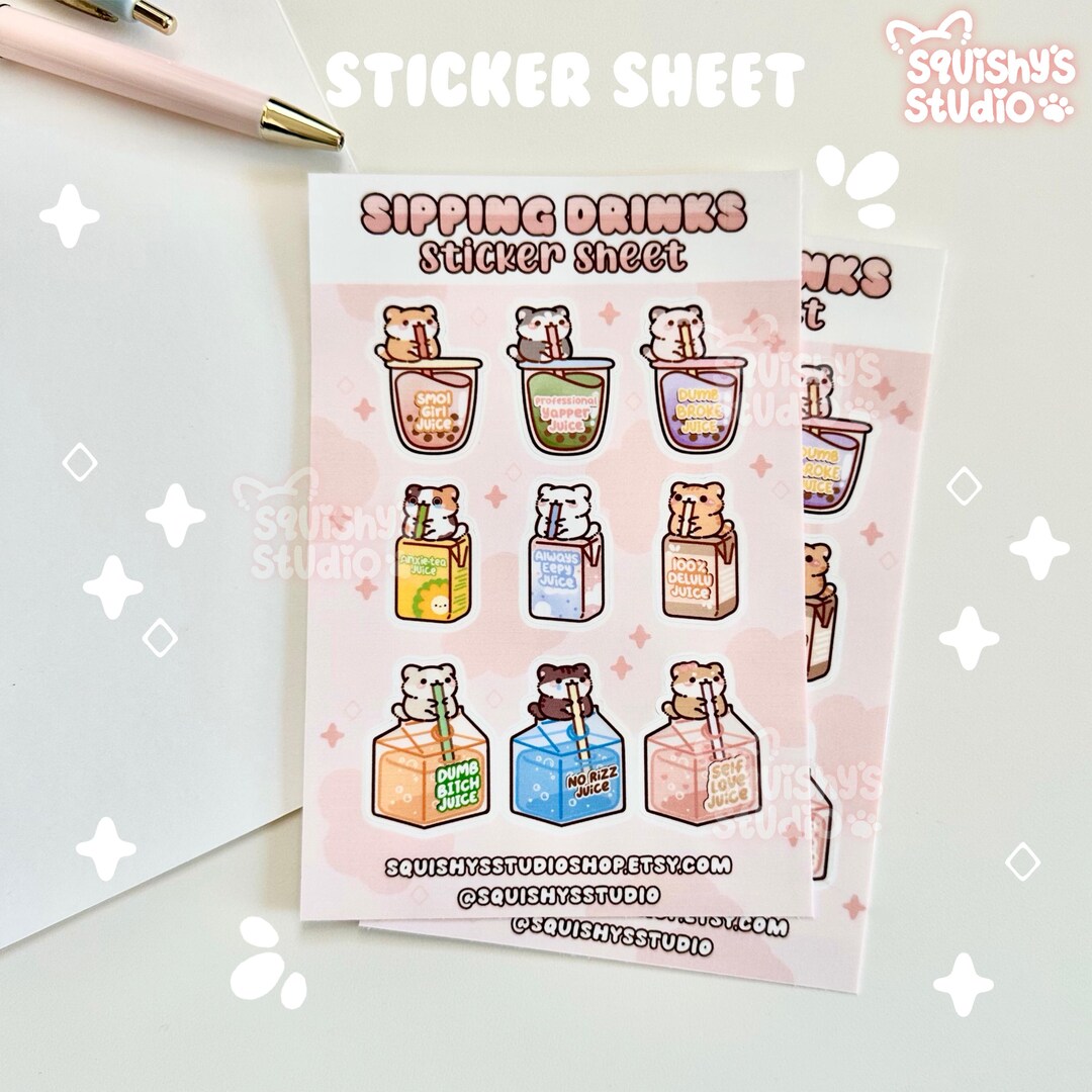 Sipping Drinks Sticker Sheet | Cat/dog Sipping Silly Juice/boba ...