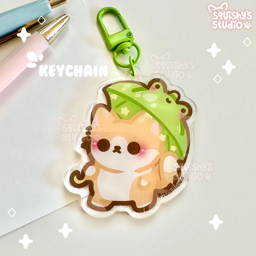 Cute Corgi Holding Frog Umbrella Keychain | Double Sided Acrylic ...
