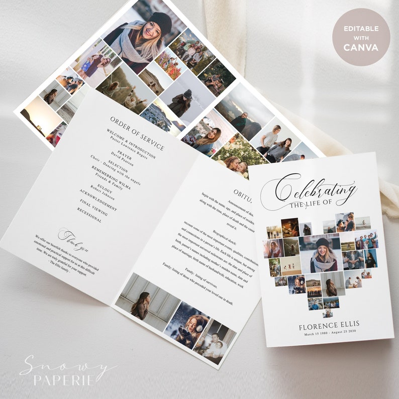 Canva Collage Funeral Program Template 5x7, 5.5x8.5 Heart Collage ...