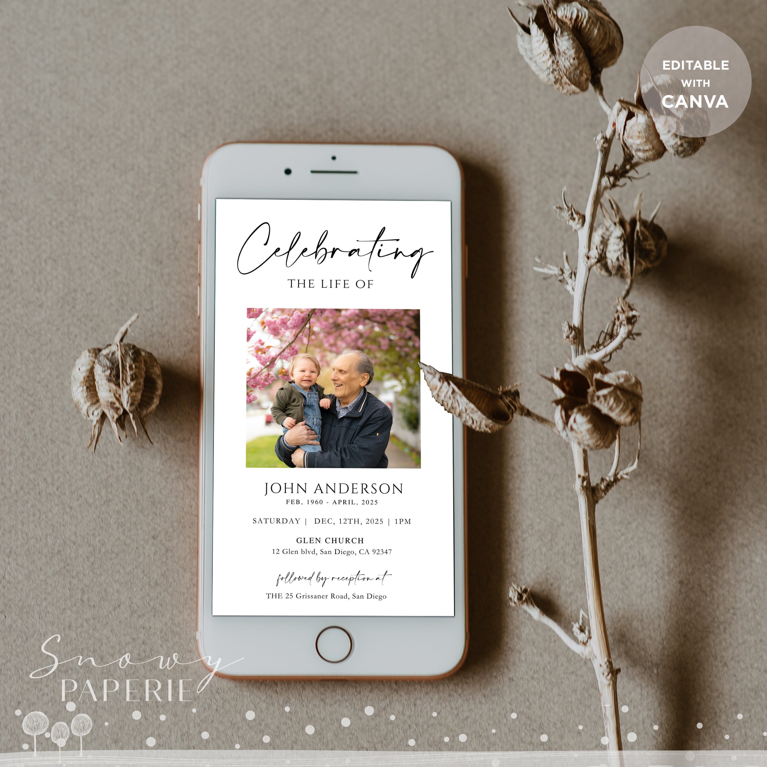 Digital Funeral Invite Canva Template Phone Memorial Announcement Card ...
