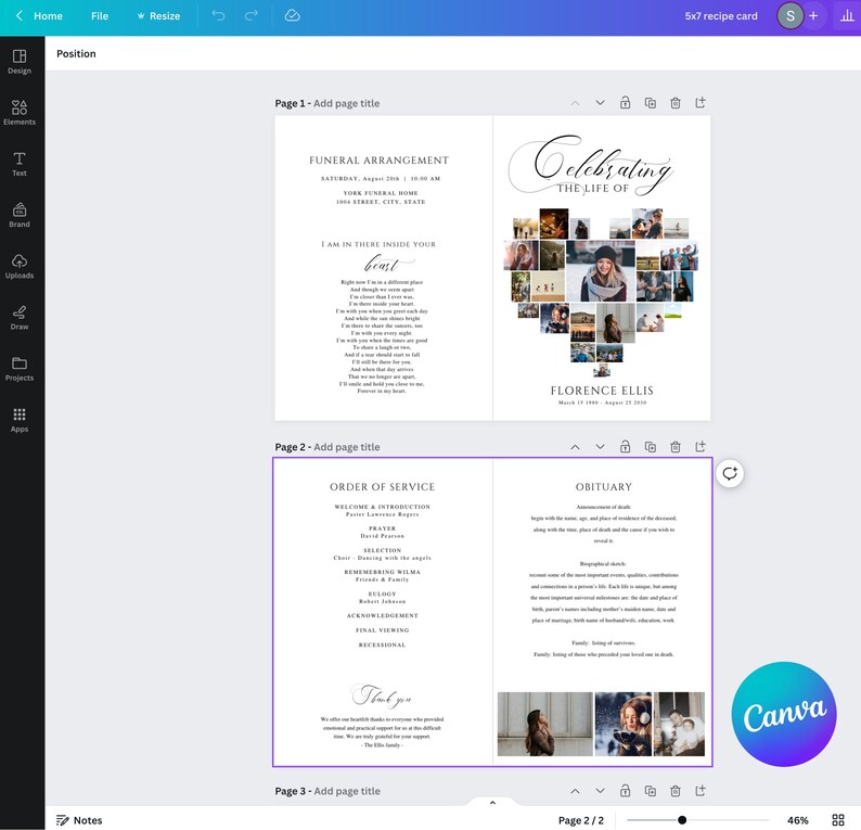 Canva Collage Funeral Program Template 5x7, 5.5x8.5 Heart Collage ...