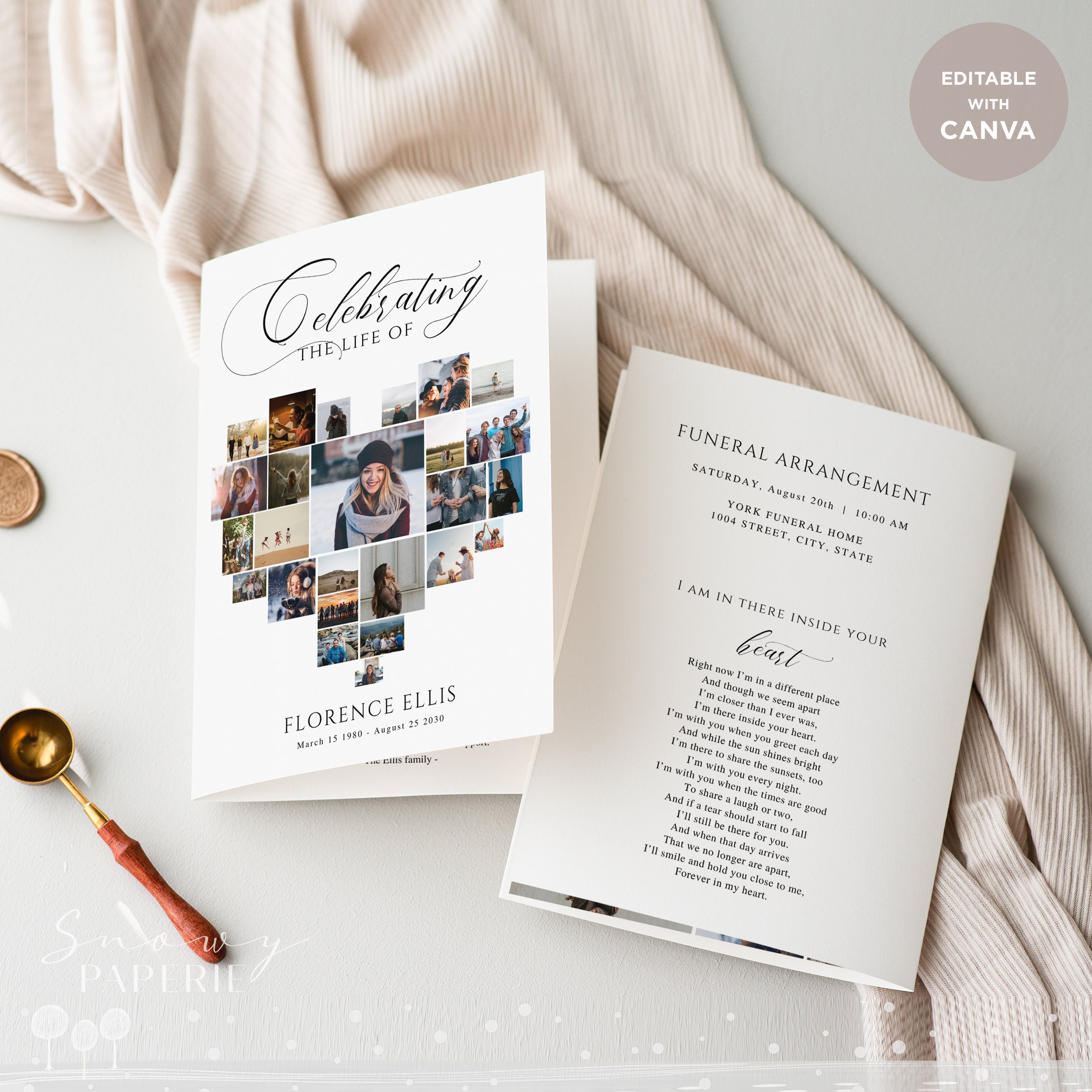 Canva Collage Funeral Program Template 5x7, 5.5x8.5 Heart Collage ...