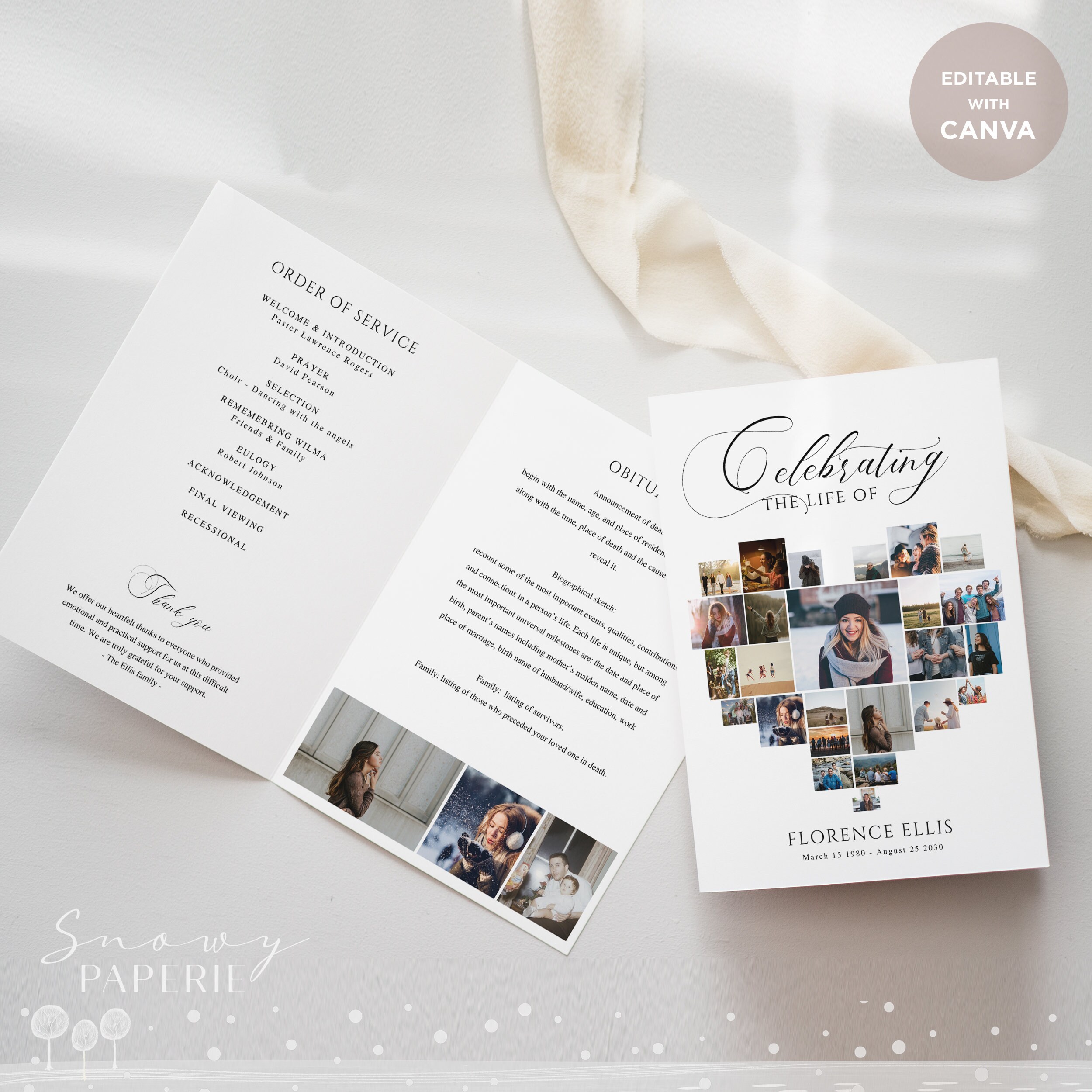Canva Collage Funeral Program Template 5x7, 5.5x8.5 Heart Collage ...
