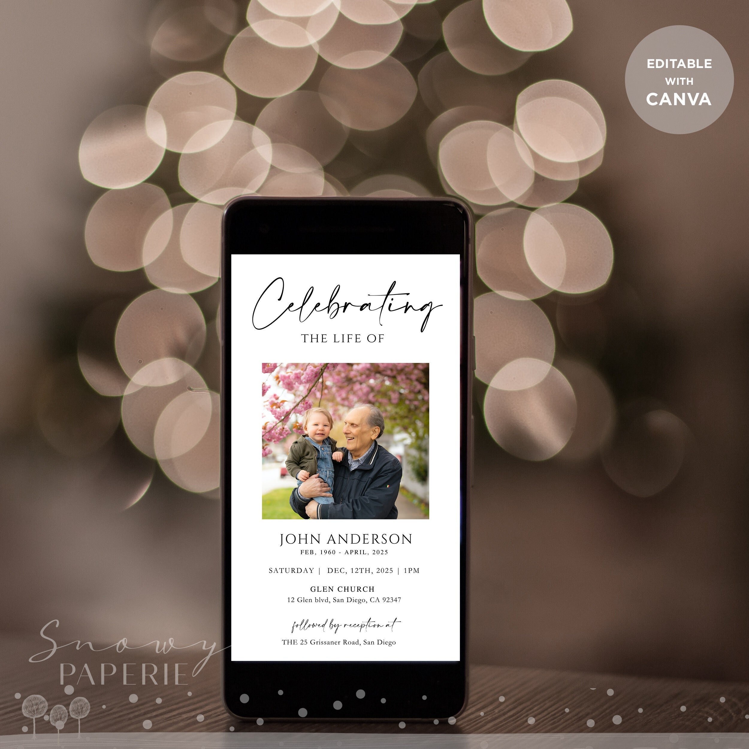 Digital Funeral Invite Canva Template Phone Memorial Announcement Card ...