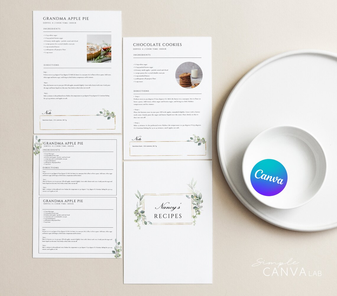 A4 A5 CANVA Recipe Template Canva Gold and Greenery A4 Recipe Template ...