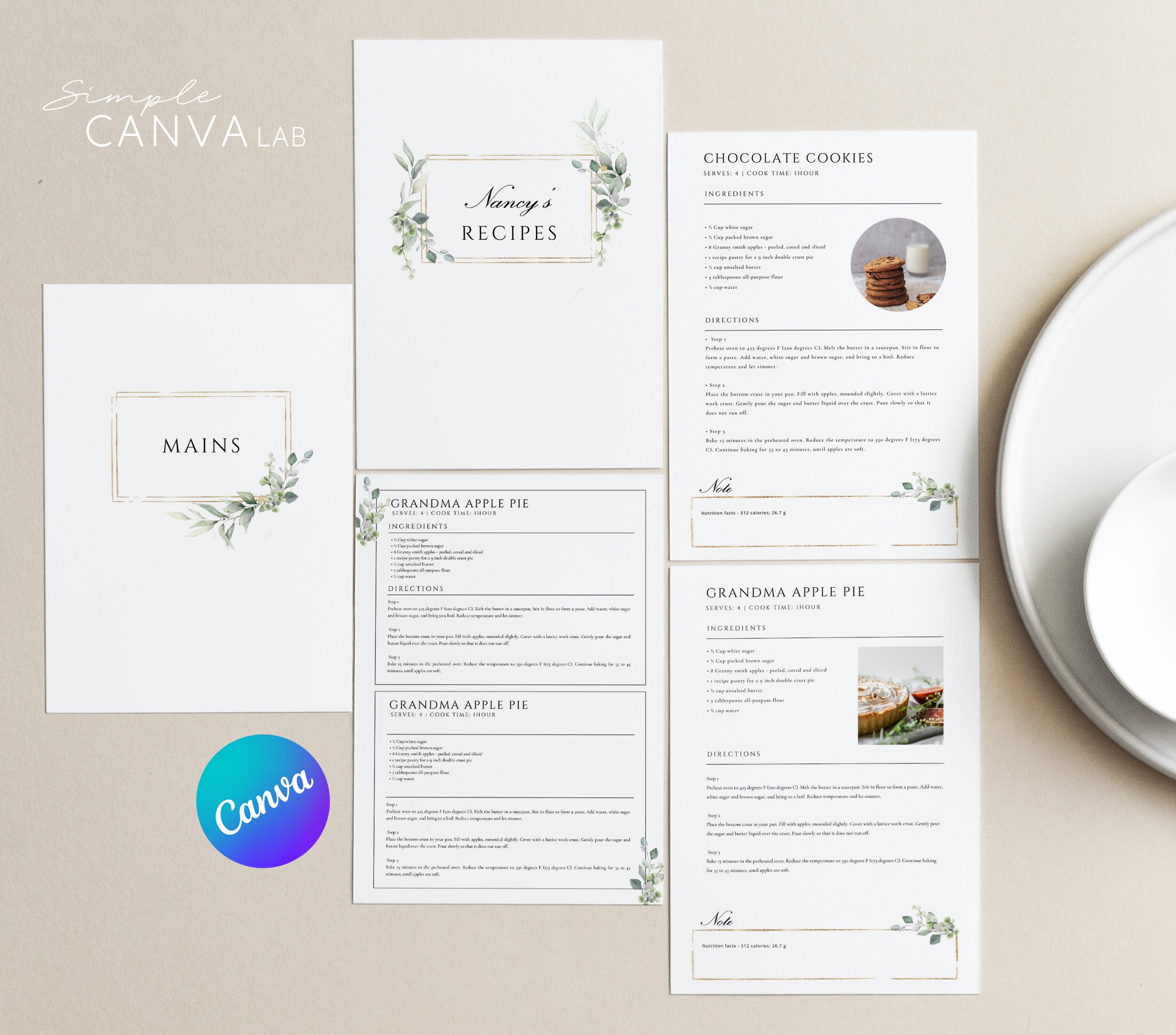 A4 A5 CANVA Recipe Template Canva Gold and Greenery A4 Recipe Template ...