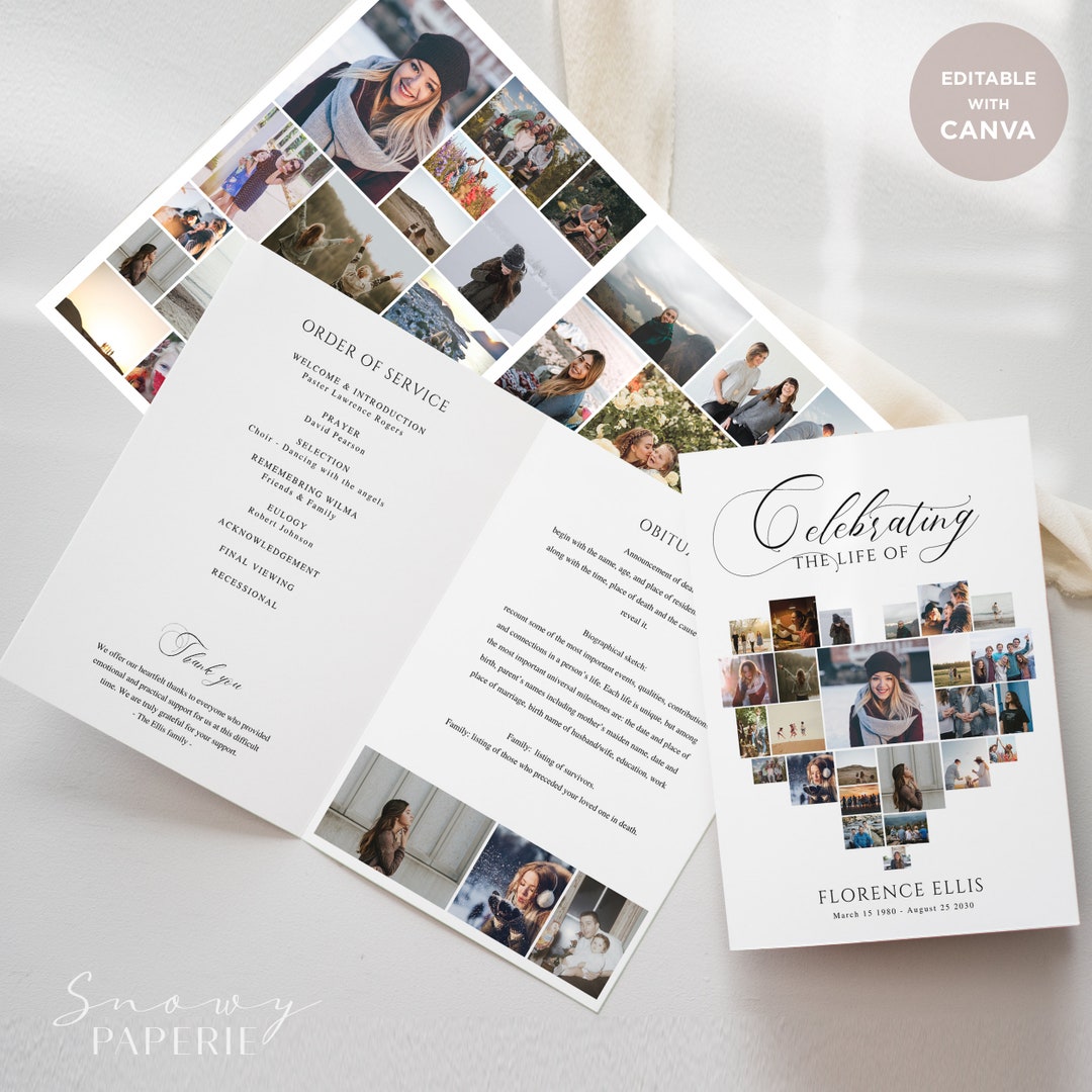 Canva Collage Funeral Program Template 5x7, 5.5x8.5 Heart Collage ...