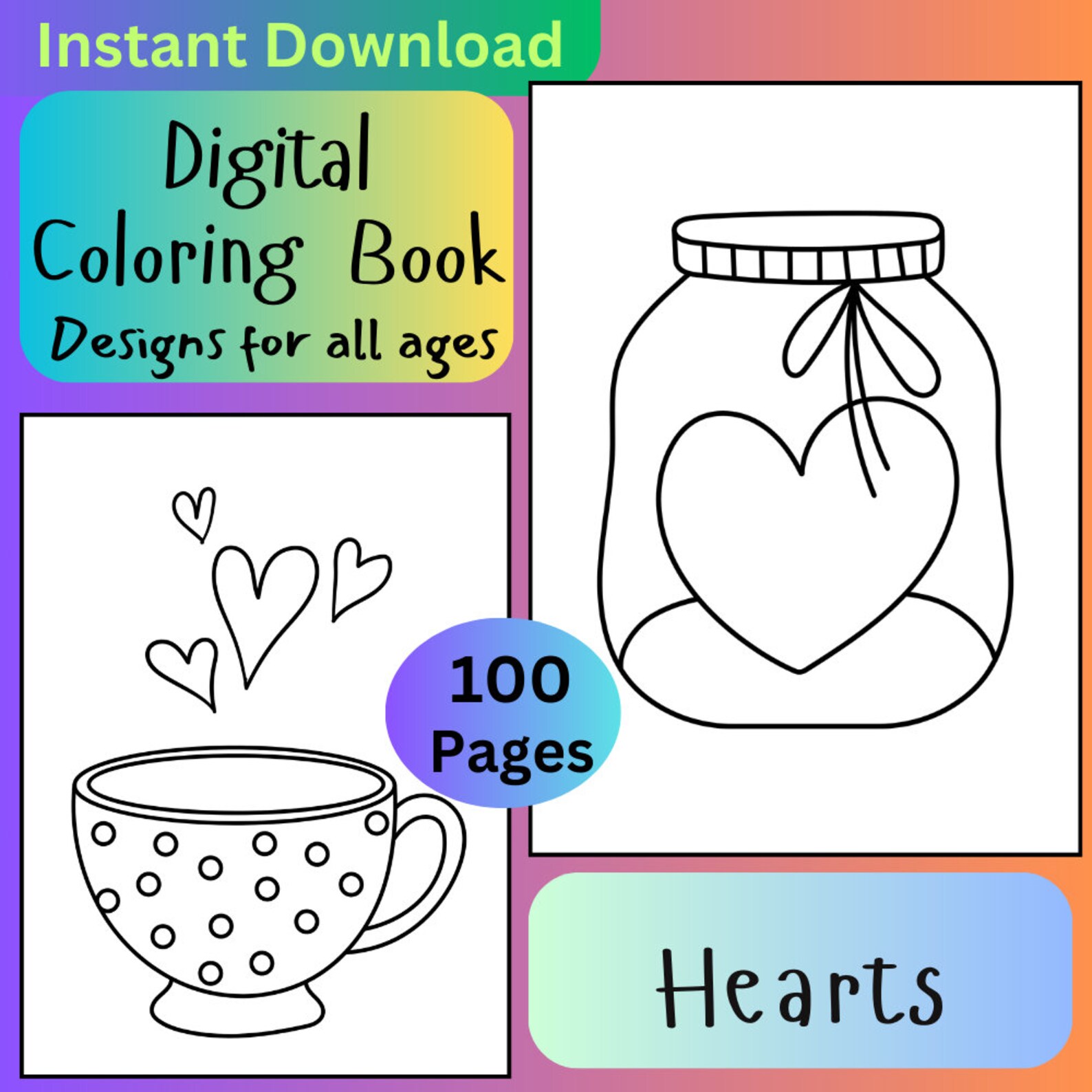 Digital Coloring Book Hearts, 100 Printable Coloring Book Pages, Adults ...