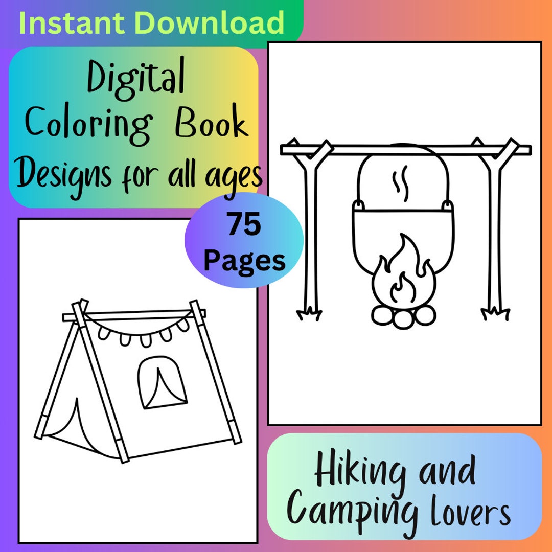 Coloring Book Hiking and Camping, 100 Digital Coloring Book Pages ...