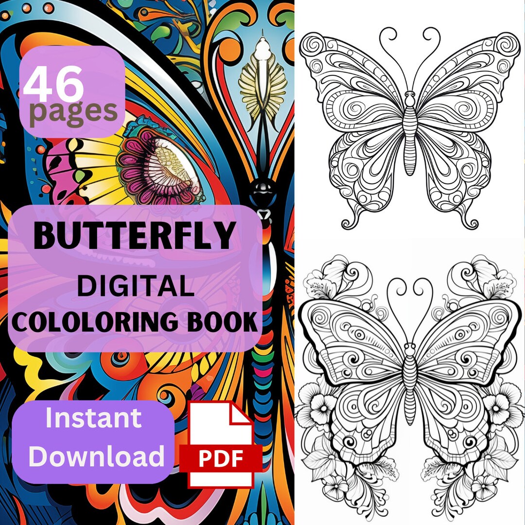 Butterfly Coloring Book Pages, Digital Coloring Book, Adults Coloring ...