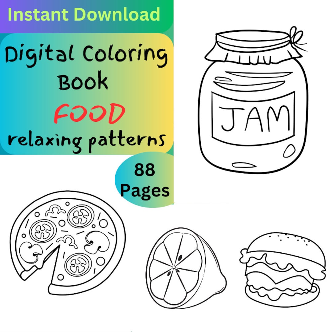 Food Coloring Book Pages, Digital Coloring Book, Adults Coloring Book ...