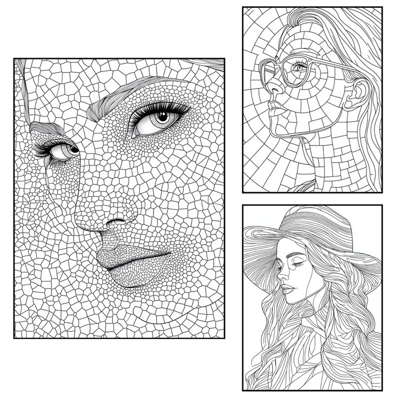 Coloring Book Mosaic Portraits, 95 Digital Coloring Pages, Adults ...