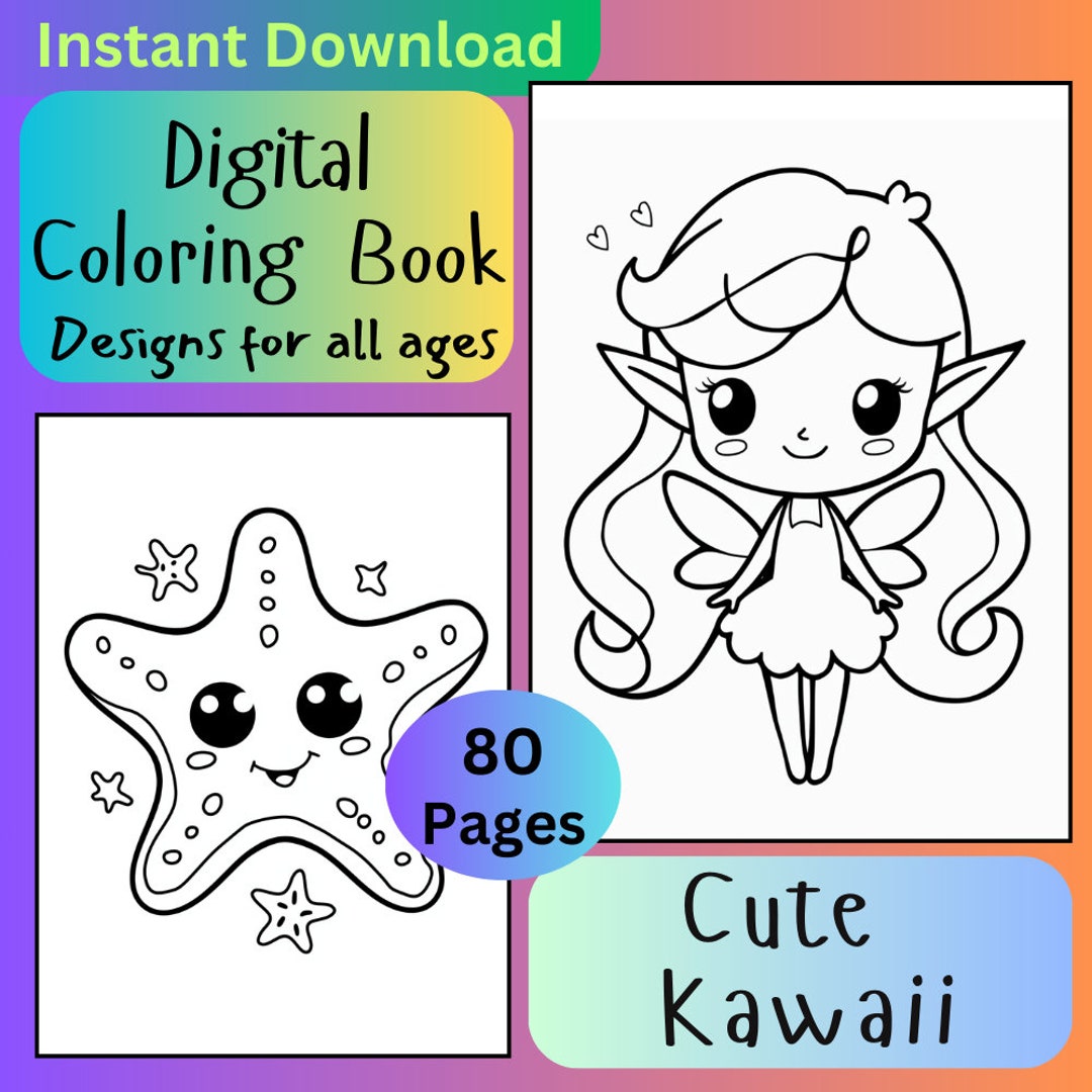 Digital Coloring Book Cute Kawaii, 80 Digital Coloring Book Pages ...