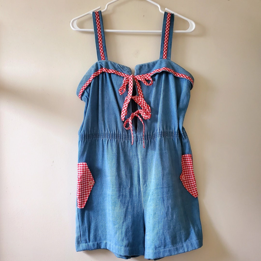 Vintage 70s Denim Shorts Romper Overalls With Gingham Details - Etsy