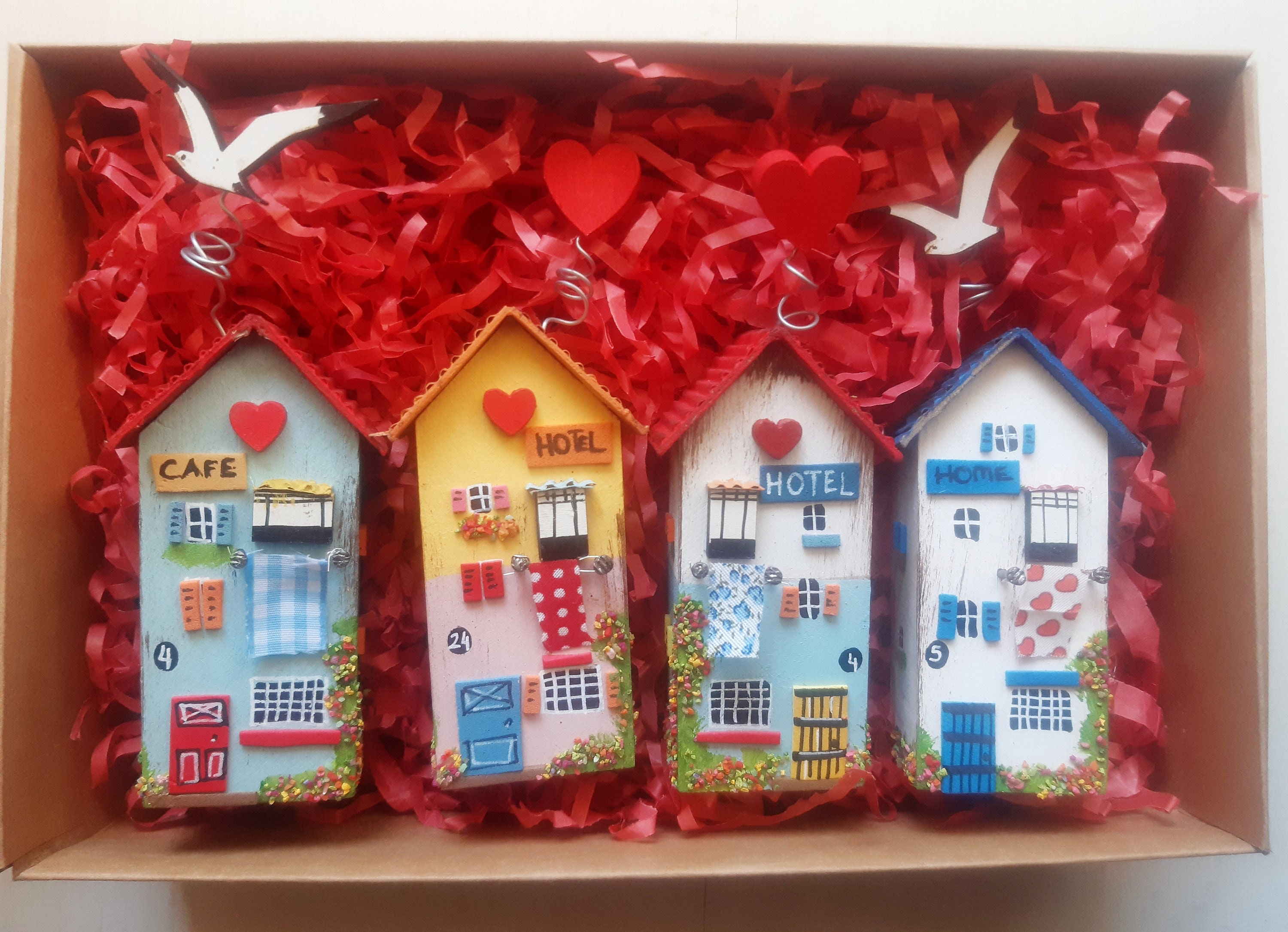 Four Set Wooden House Home Gift, Handcrafted Wooden Miniature House ...
