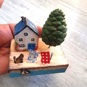 Vintage Country Design, Wooden Miniature House by the Lake, Sea, or ...