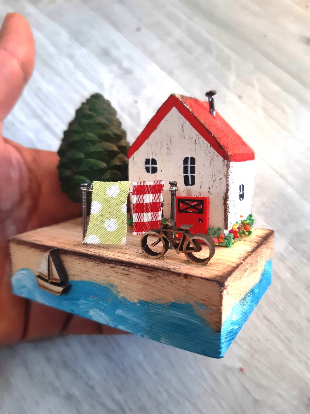 Vintage Country Design, Wooden Miniature House by the Lake, Sea, or ...