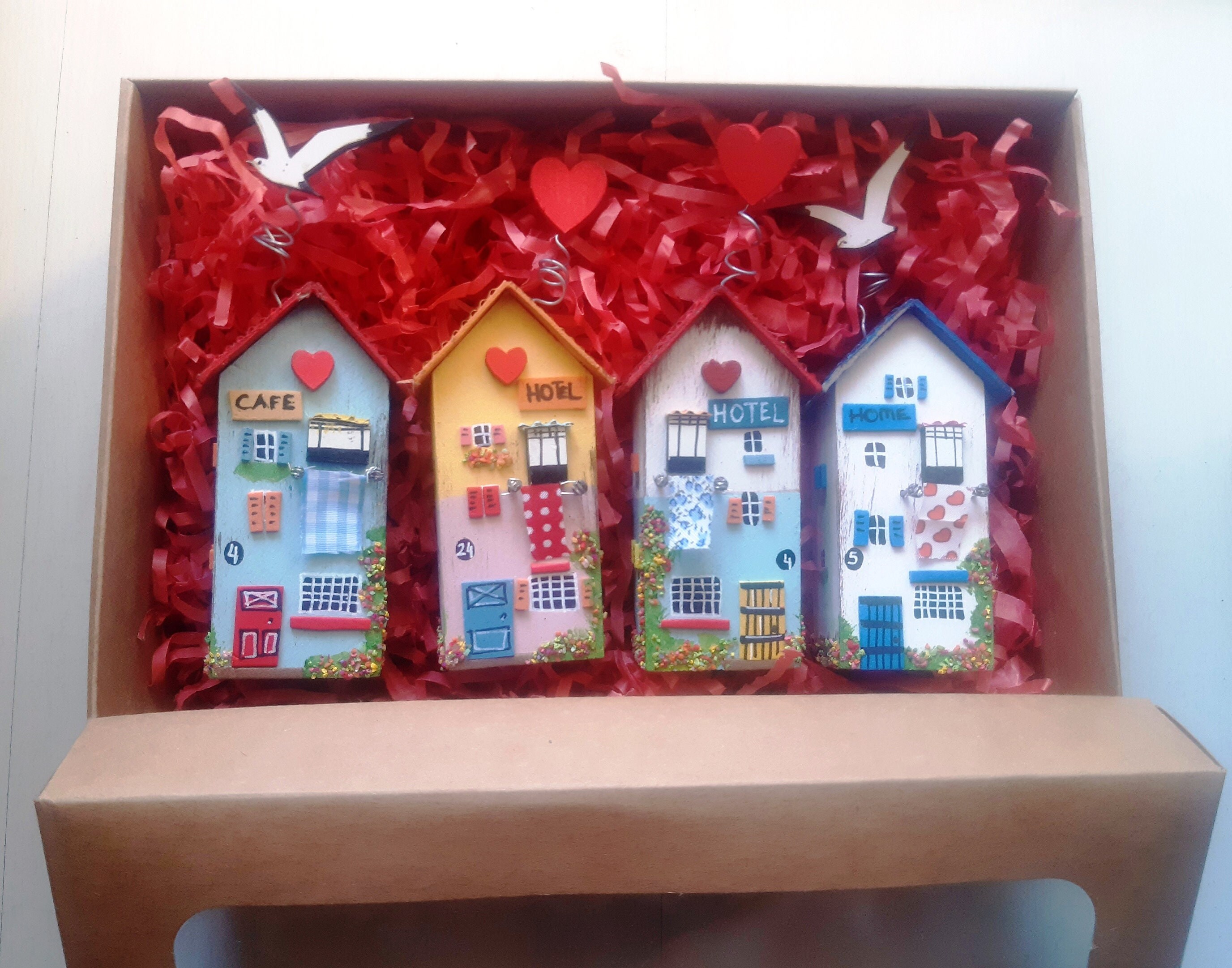 Four Set Wooden House Home Gift, Handcrafted Wooden Miniature House ...