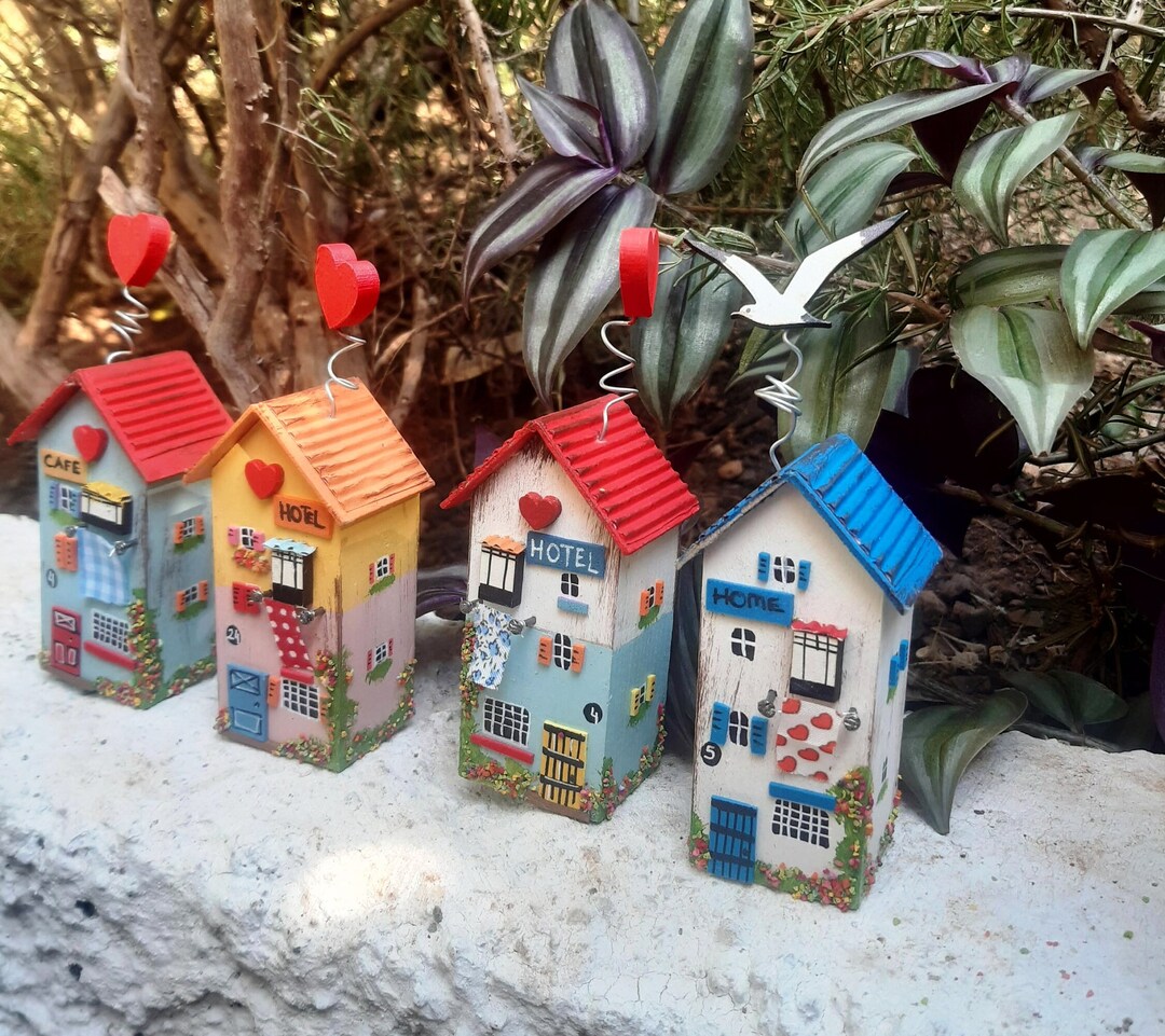 Four Set Wooden House Home Gift, Handcrafted Wooden Miniature House ...