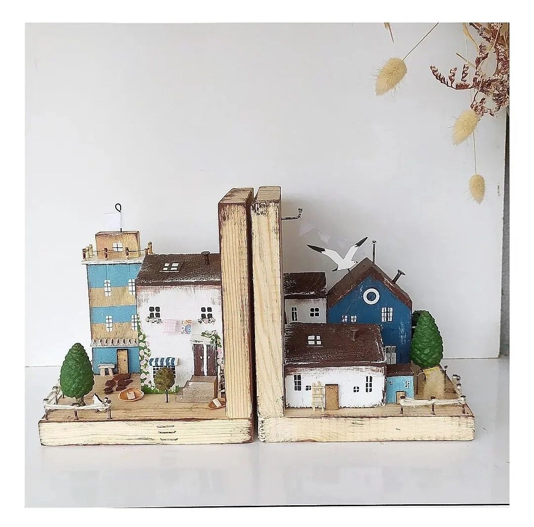 Handmade Wooden Bookends: Coastal Village Book Nook Decor - Etsy
