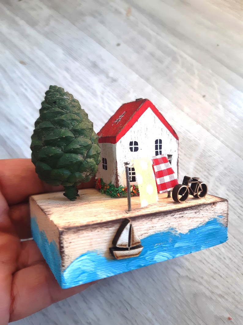 Vintage Country Design, Wooden Miniature House by the Lake, Sea, or ...