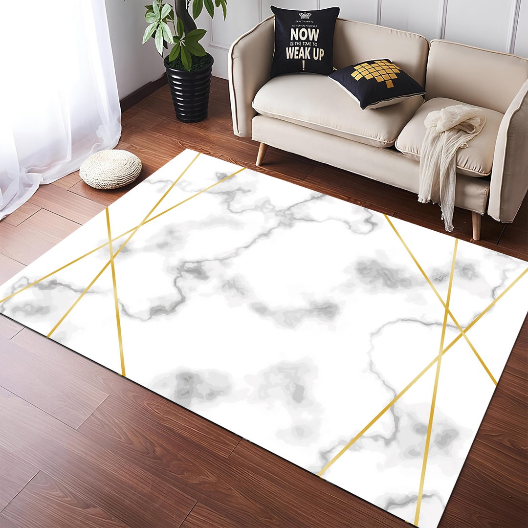 White Marble Rug With Golden Detail: Modern Home Decor - Etsy
