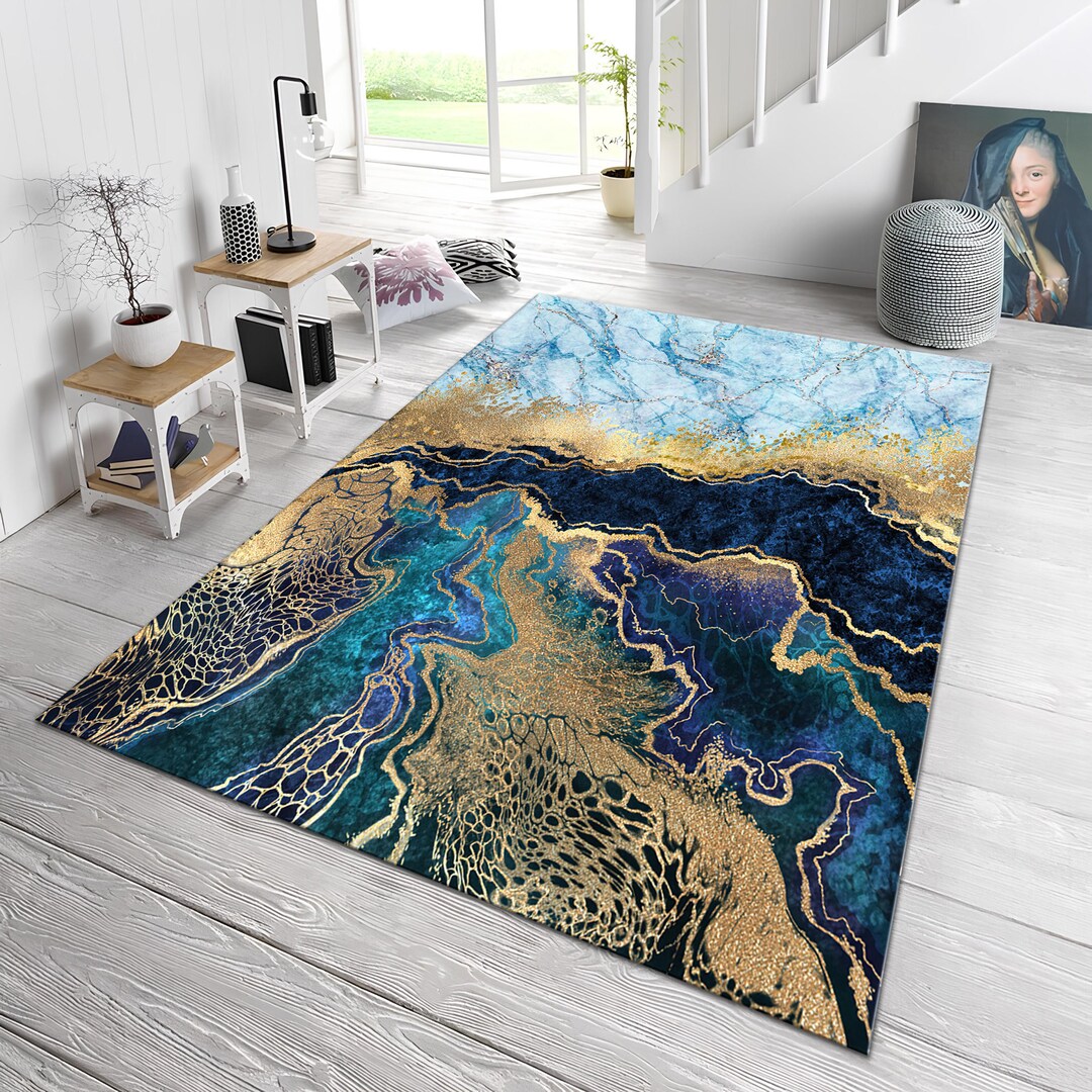Blue Rug, Blue Marble Rug, Marble Rug, Pattern Rug, Modern Rug, Marble ...