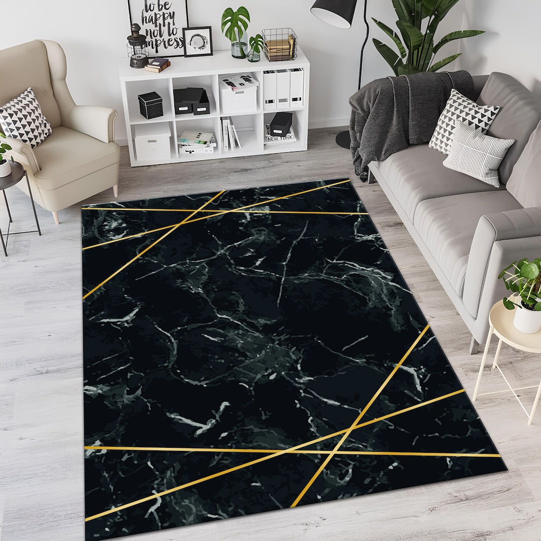 Black Marble Rug,golden Detail Rug,unique Rug,modern Rug,home Decor ...