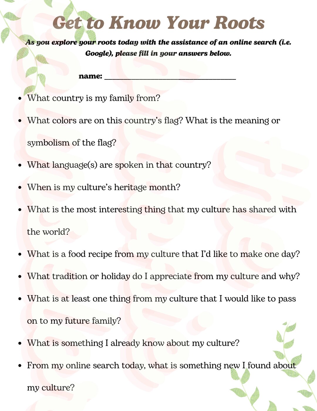 Get to Know Your Roots Inclusive SEL Counseling Worksheet - Etsy