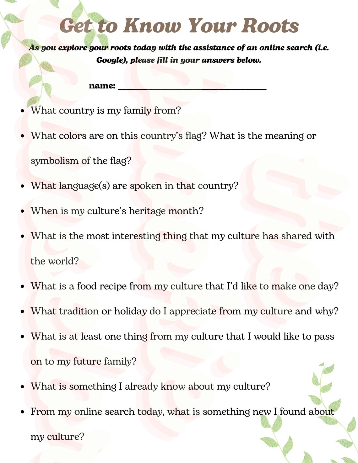 Get to Know Your Roots Inclusive SEL Counseling Worksheet - Etsy