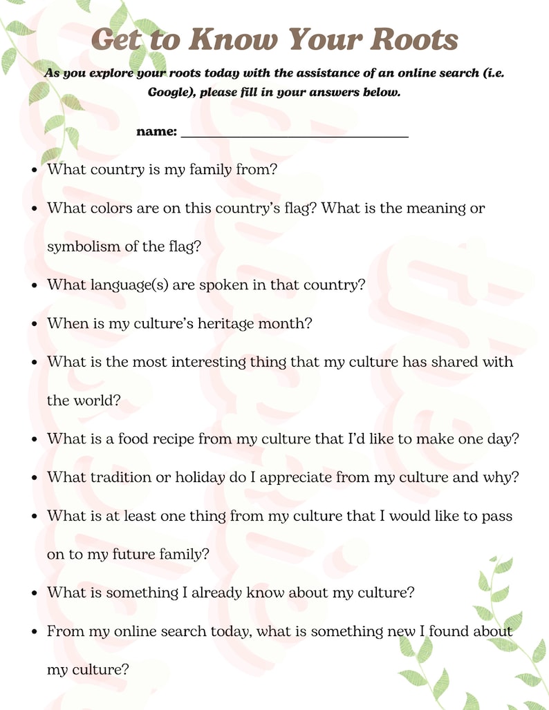Get to Know Your Roots Inclusive SEL Counseling Worksheet - Etsy