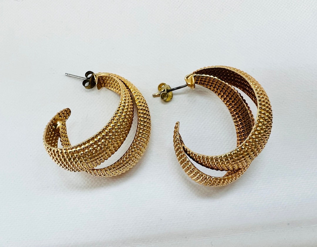 Gold Tone Chunky Textured Curl Hoops Vintage Earrings - Etsy