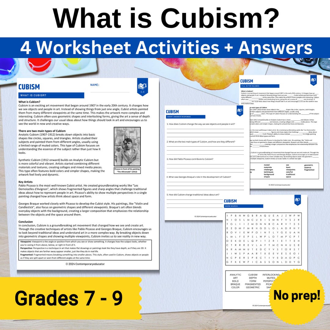 What is Cubism Worksheets - 4 Activities + Answers (grades 7, 8, 9) - Etsy