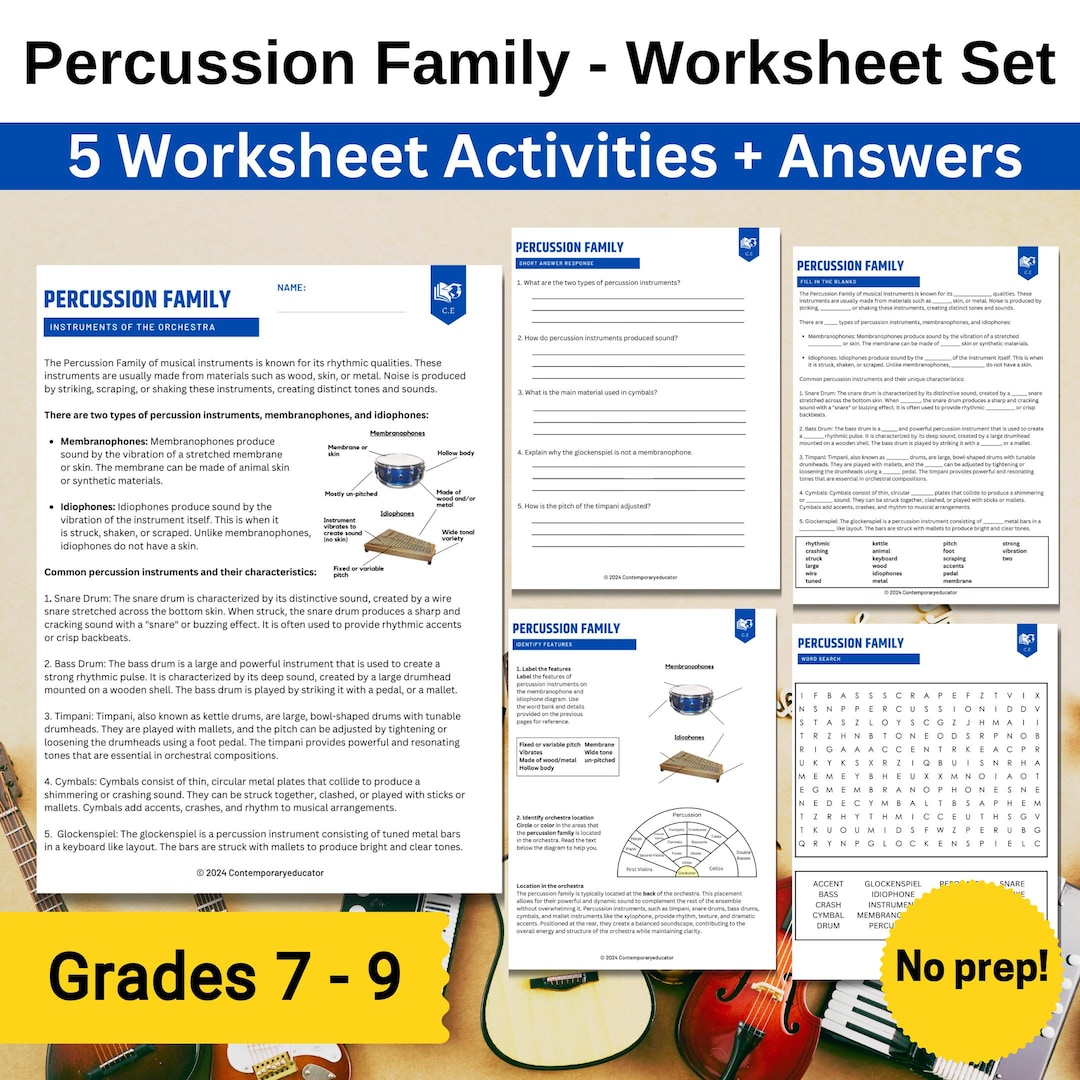 Percussion Family Worksheet Set: Instruments of the Orchestra - 5 ...