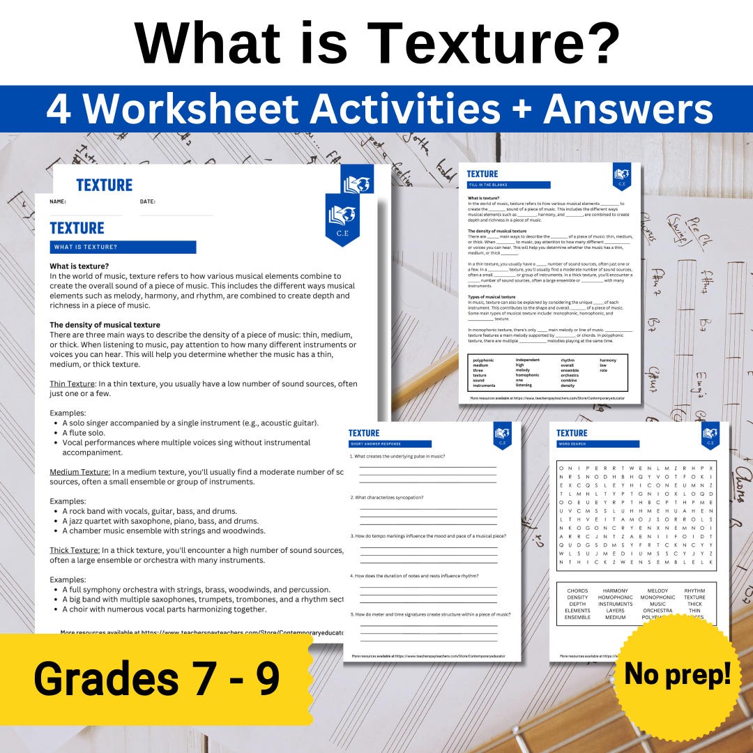 What is Texture - Elements of Music (grades 7, 8 ,9) - Etsy