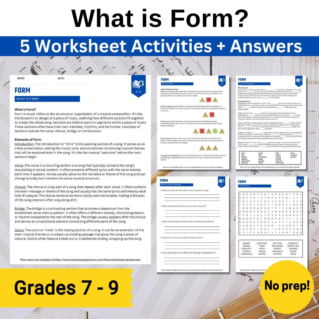 What is Form - Elements of Music (grades 7, 8 ,9) - Etsy
