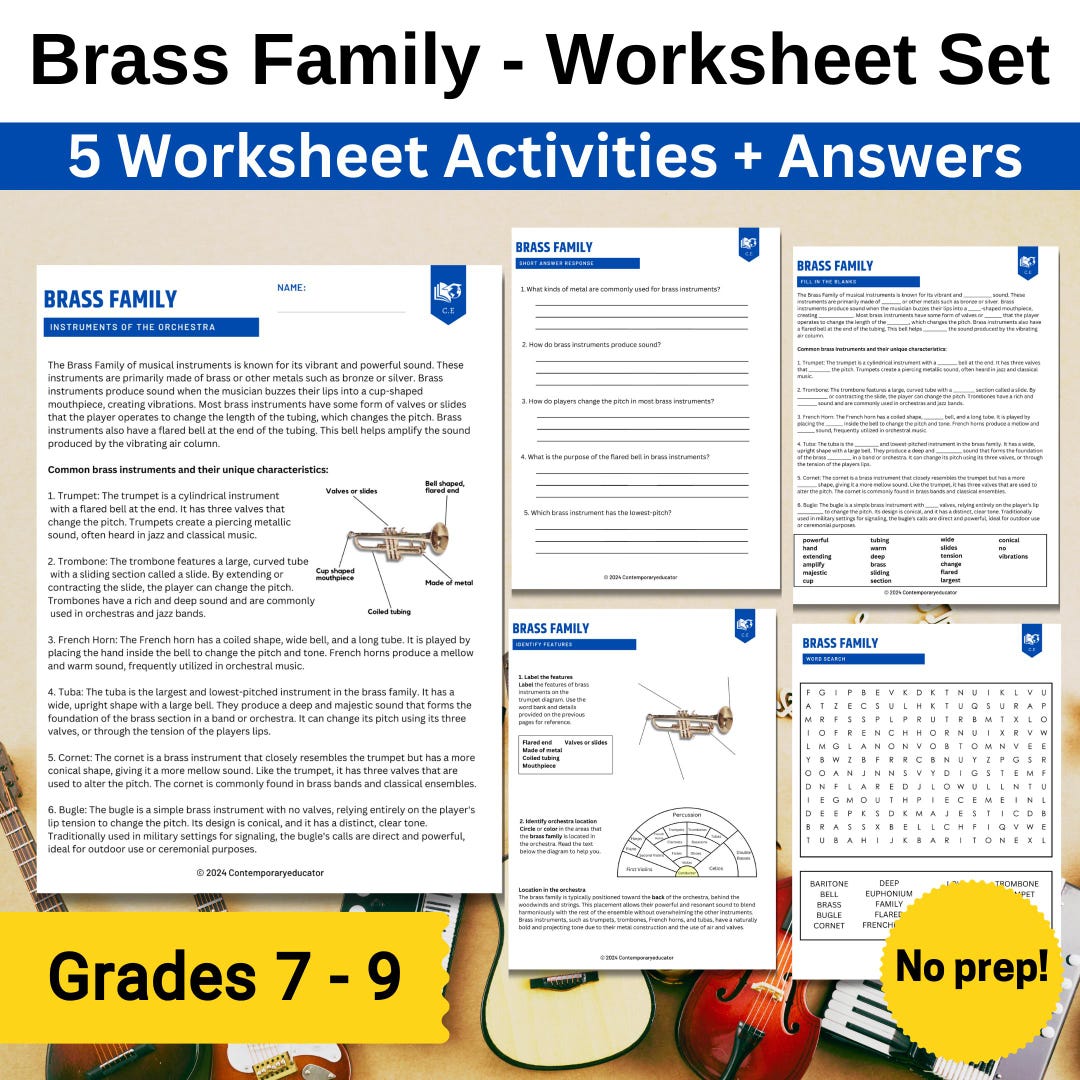 Brass Family Worksheet Set: Instruments of the Orchestra - 5 Activities ...