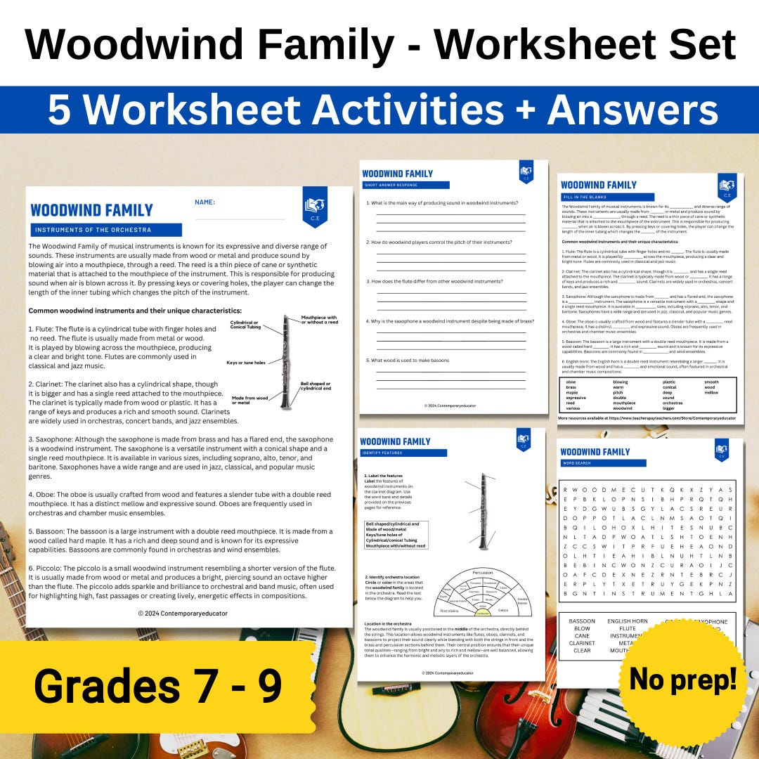 Woodwind Family Worksheet Set: Instruments of the Orchestra - 5 ...