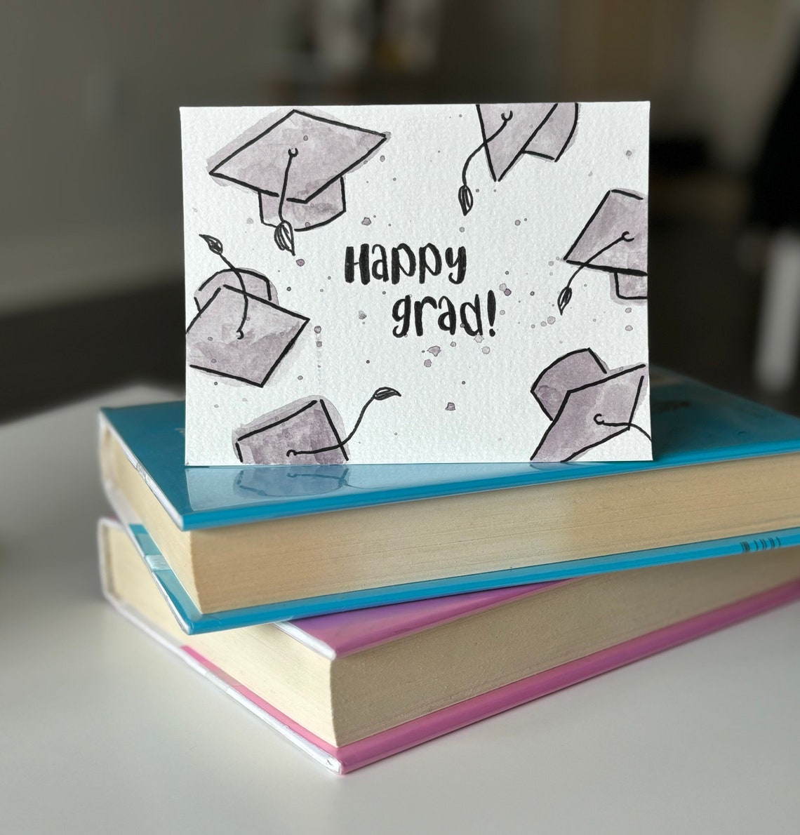 Happy Grad Card: Handmade Watercolor Tossed Graduation Caps Card With ...