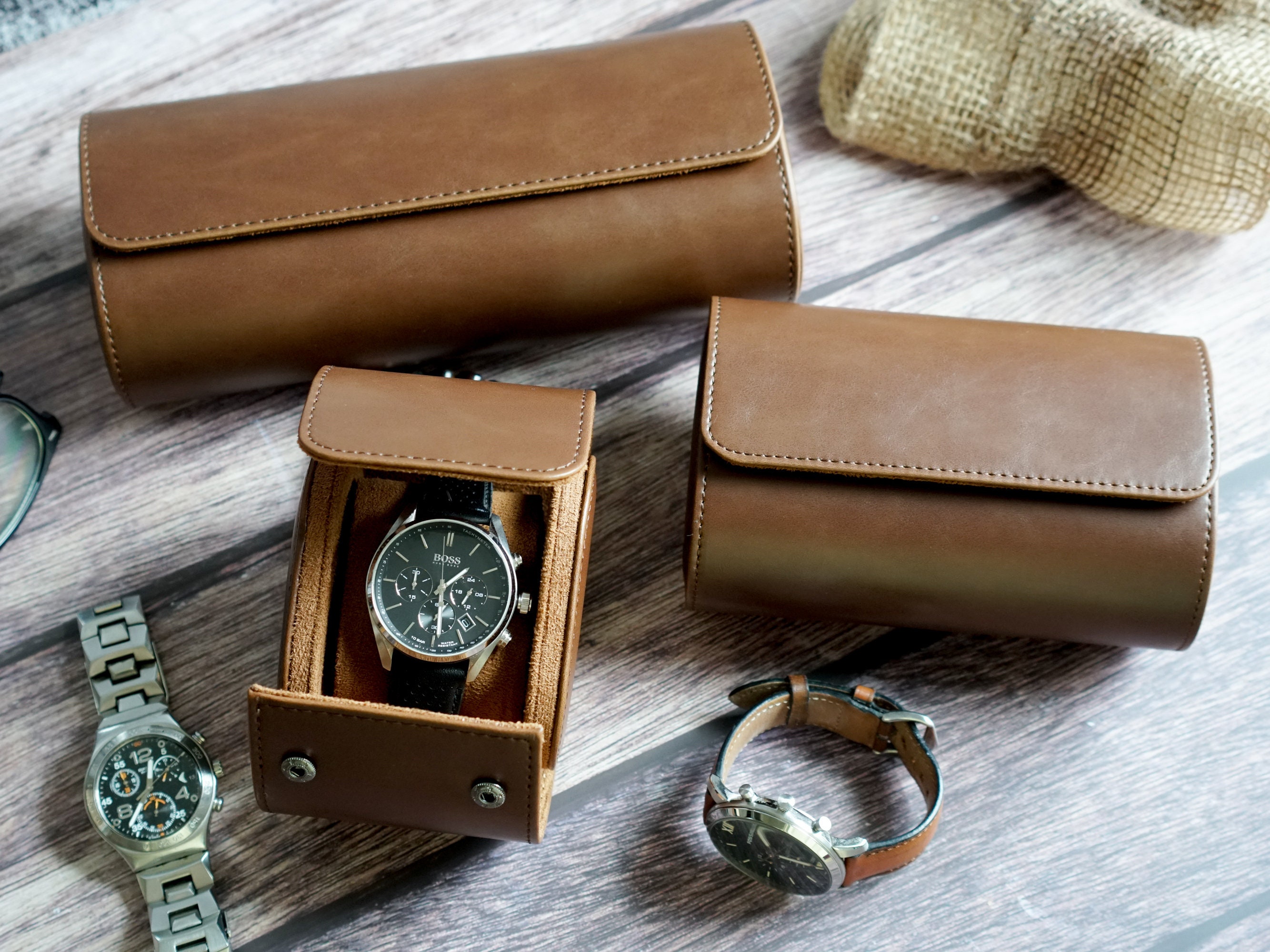 Personalized Leather Watch Case, Watch Box for Men, Brown Travel Watch ...
