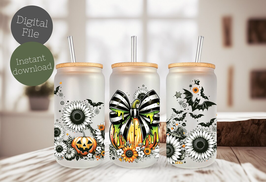 Colorful Coquette Halloween Pumpkin Png, Halloween Design 16oz Glass ...