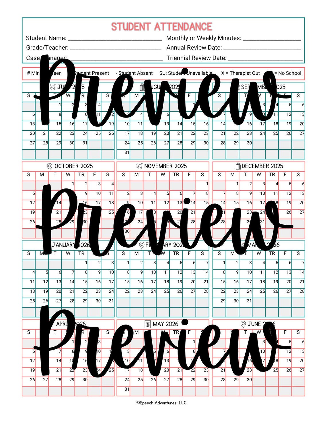 2025-2026 School Year Speech Therapy Student Attendance Calendar ...