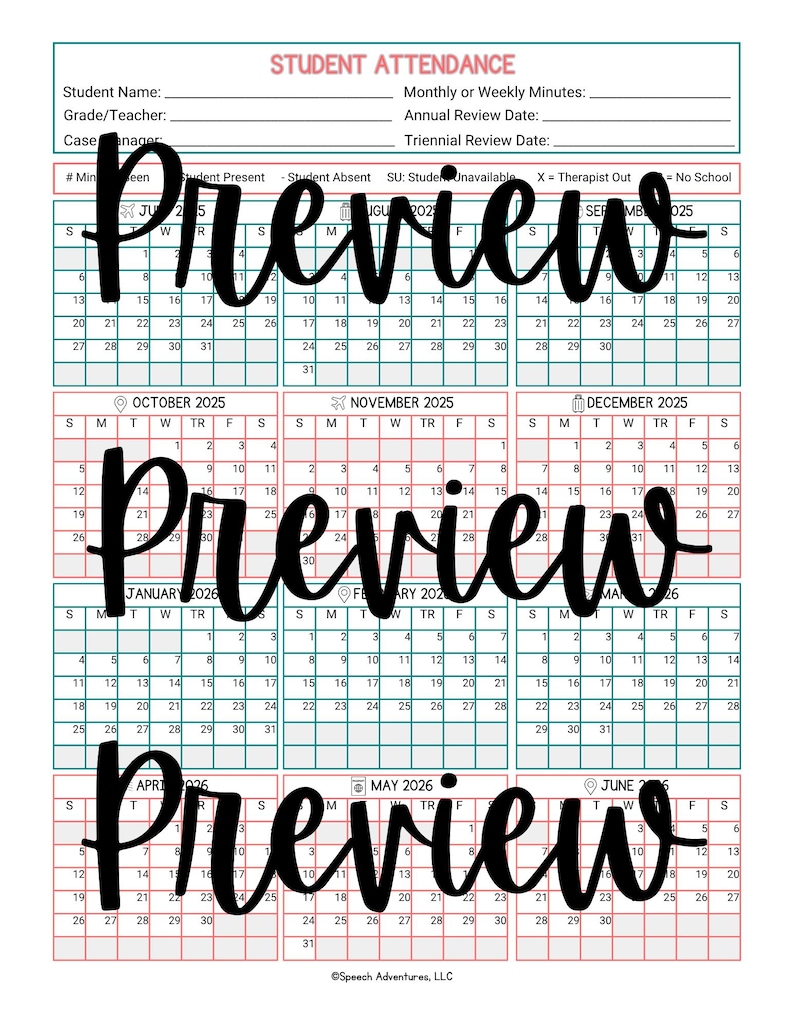 2025-2026 School Year Speech Therapy Student Attendance Calendar ...
